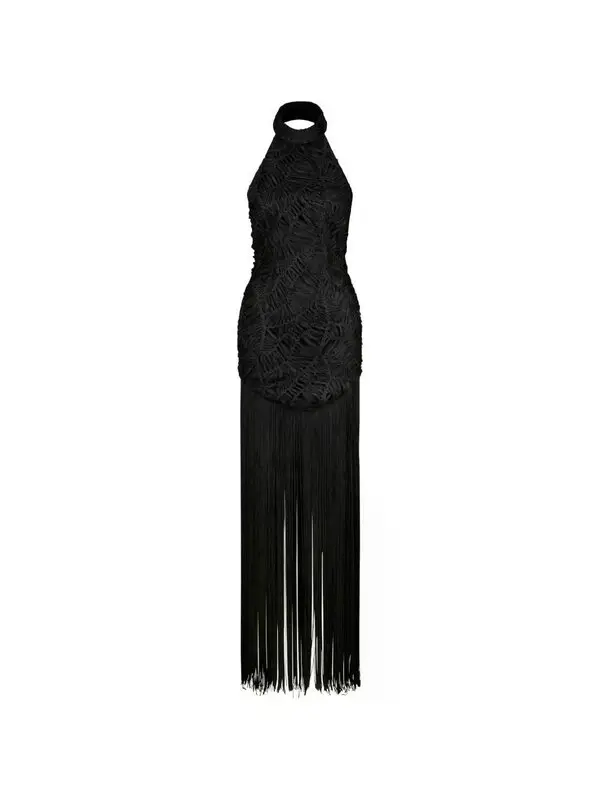 ATOIR Ruched Fringe Halterneck Maxi Dress - Black