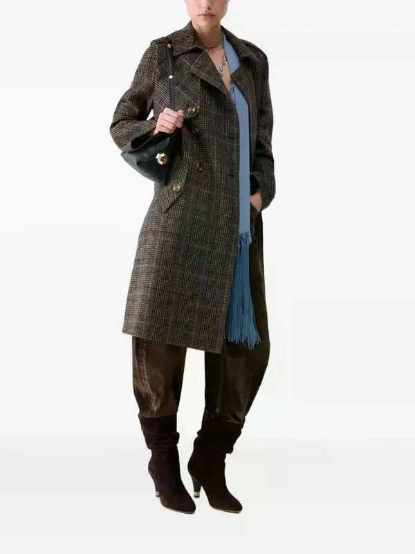 Liu Jo Long Wool Blend Plaid Trench Coat - Brown