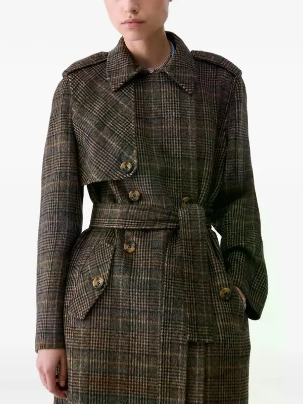 Liu Jo Long Wool Blend Plaid Trench Coat - Brown
