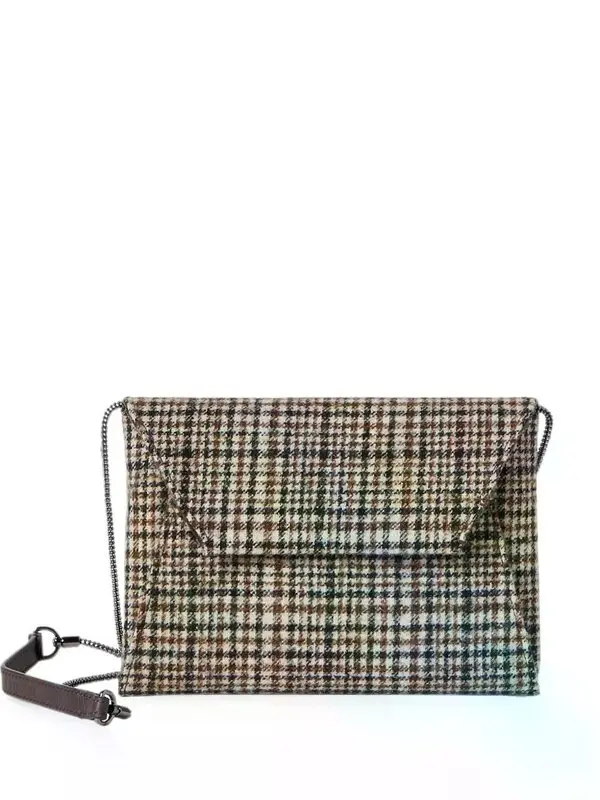 Brunello Cucinelli Duo Pochette In Water-resistant Alpaca And Wool Check With Precious Chain - Neutrals