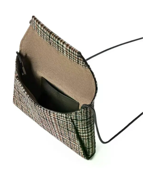 Brunello Cucinelli Duo Pochette In Alpaca And Wool Check With Chain - Neutrals