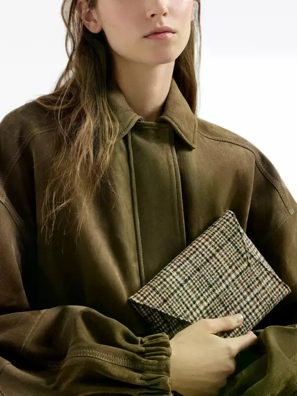 Brunello Cucinelli Duo Pochette In Alpaca And Wool Check With Chain - Neutrals