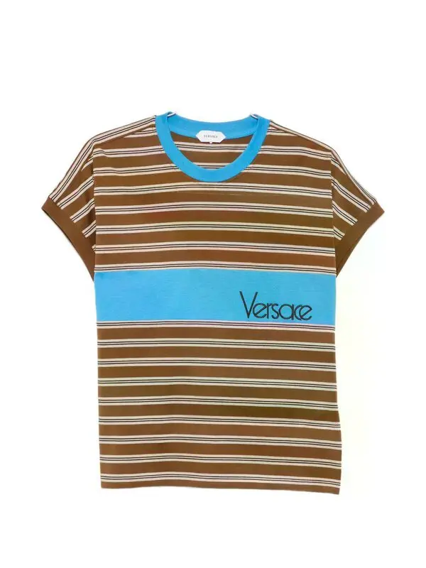Versace Logo-embroidered Striped T-shirt - Brown