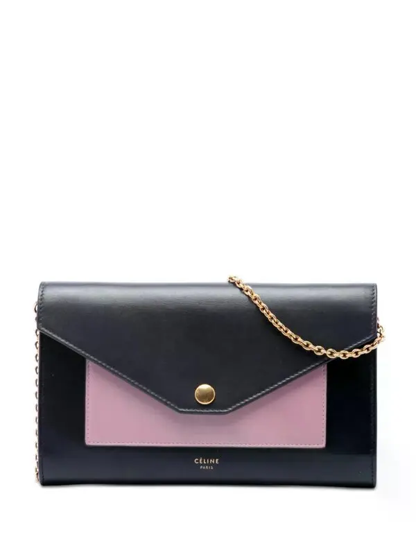 Celine 2018 Bicolor Leather Pocket Envelope Wallet On Chain Crossbody Bag - Black