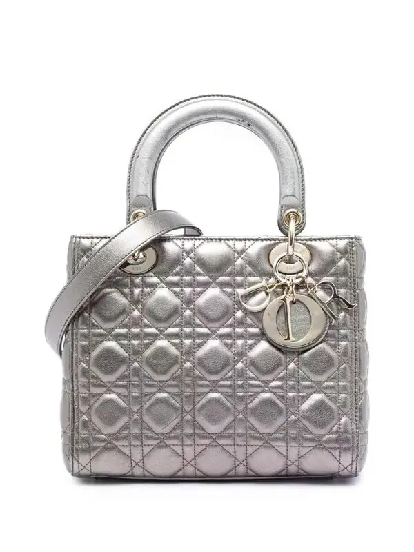 Dior 2018 Medium Metallic Lambskin Cannage Lady Satchel - Silver