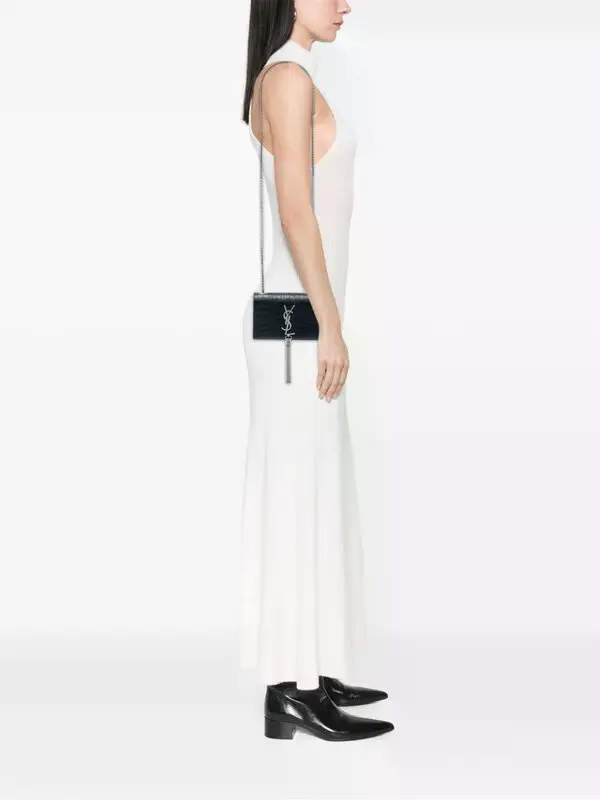 Saint Laurent 2016 Small Croc Embossed Leather Monogram Kate Tassel Crossbody Bag - Black
