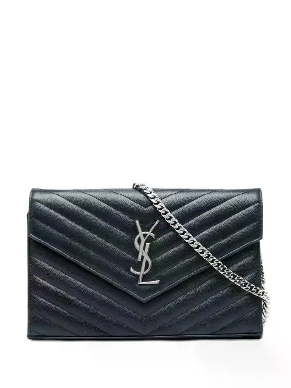 Saint Laurent 2021 Grain De Poudre Chevron Cassandre Envelope Chain Wallet Crossbody Bag - Black