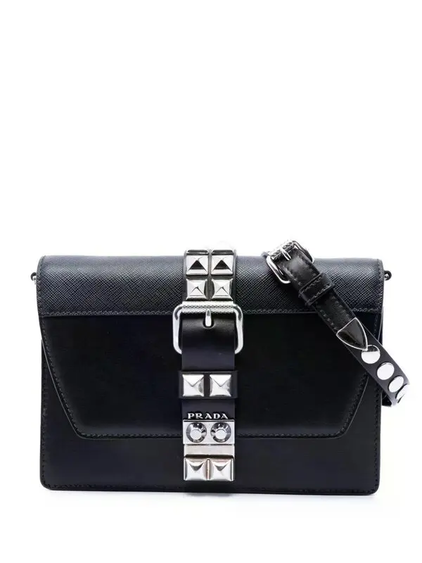 Prada 2010-2026 City Calfskin And Saffiano Studded Elektra Crossbody Bag - Black