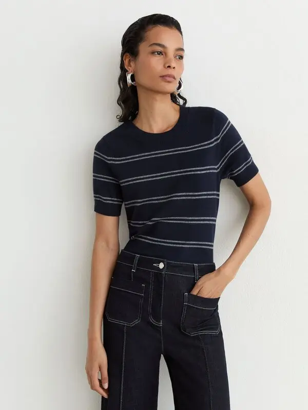 REISS Sabrina Wool-blend Striped Knit Top With Cashmere - Navy/grey