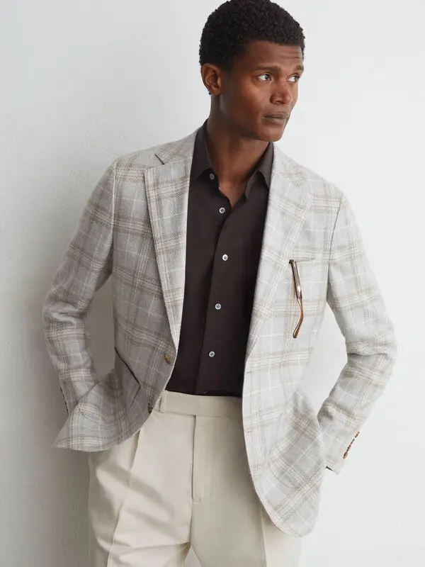ATELIER Hemp Wool Check Single Breasted Classic Fit Blazer - Soft Grey