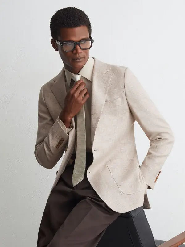 ATELIER Linen Blend Single Breasted Tailored Fit Blazer - Oatmeal