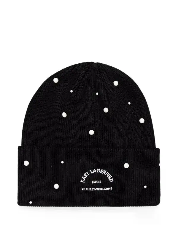 Karl Lagerfeld Pearl-embellished Logo-embroidered Beanie Hat - Black