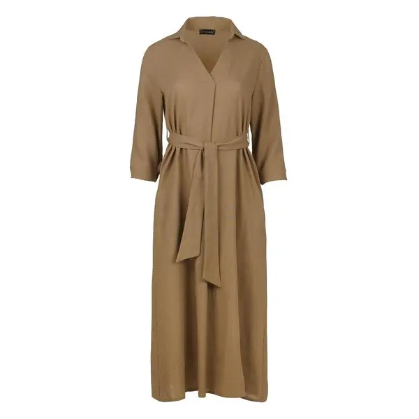 CONQUISTA Neutrals Linen Style Midi Dress With Belt - Beige