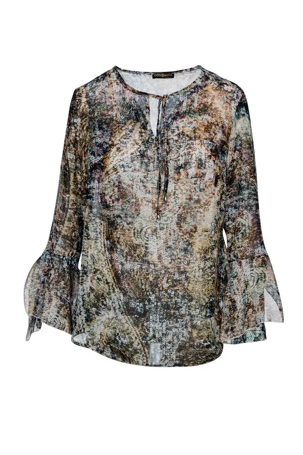 CONQUISTA Print Voile Top With Flounce Sleeves - Gray