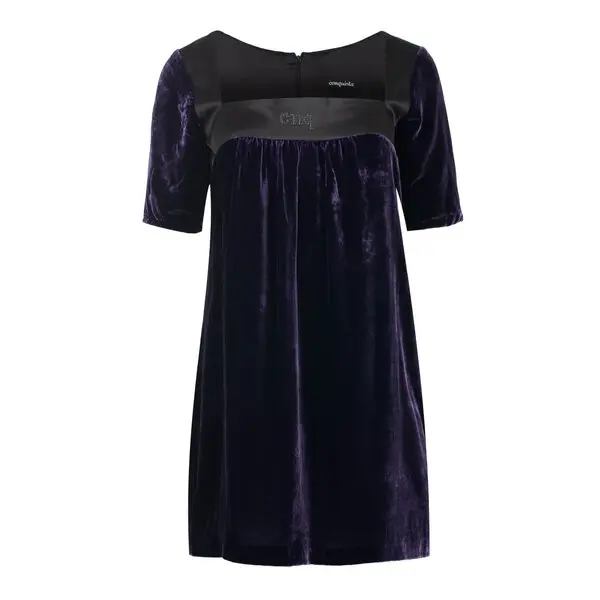 CONQUISTA Short Sleeve Empire Line Silk Rayon Velvet Dress - Black