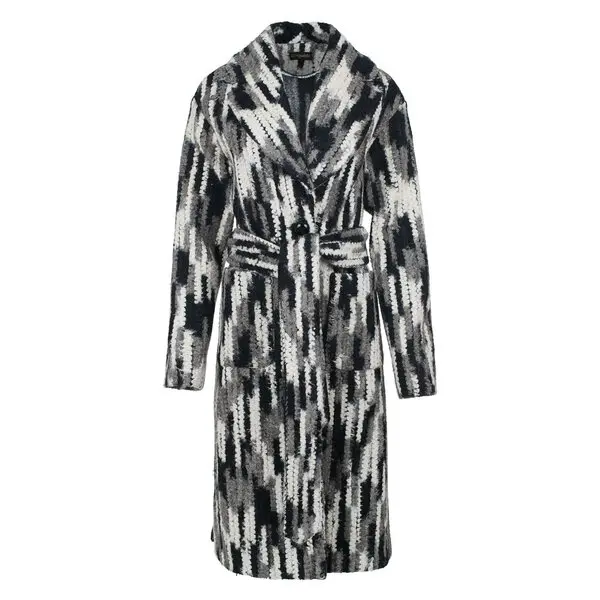 CONQUISTA Long Wool Blend Jacquard Style Coat In Neutral Shades With Belt - Grey