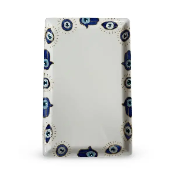 CASA DUNIYA Hand-painted Evil Eye Rectangular Karima Serving Platter - White