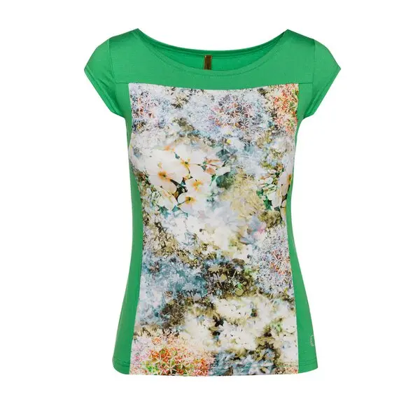CONQUISTA Floral Print Boat Neck Top - Green