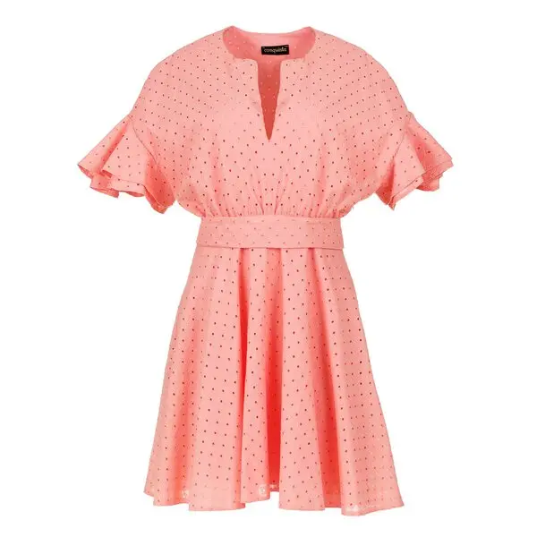 CONQUISTA Coral Embroidered Dress With Ruffle Sleeves - Pink