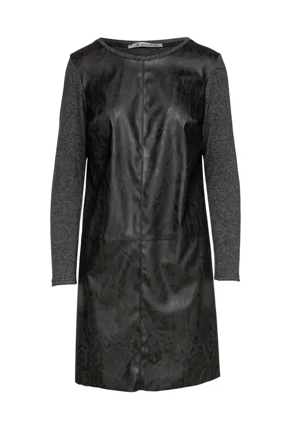 CONQUISTA Dark Faux Leather Detail Knit Dress - Grey