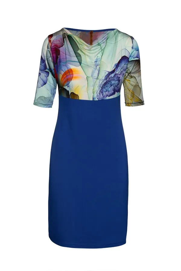 CONQUISTA Cowl Neck Printed Bodice Dress - Blue