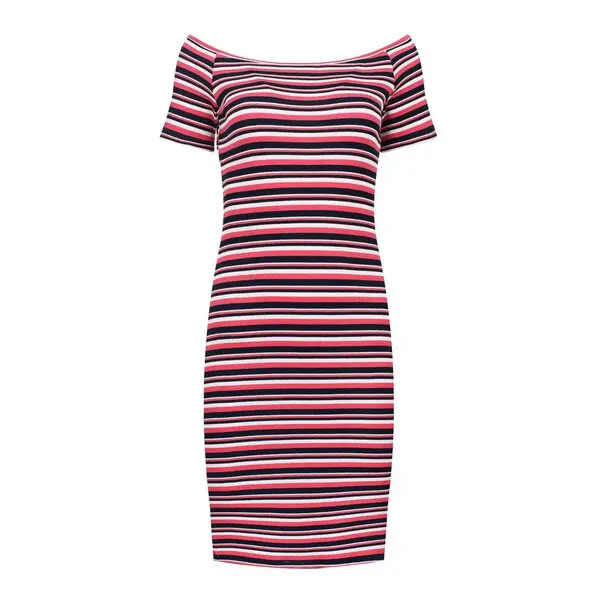 CONQUISTA Black / White / Red Striped Off-shoulder Fitted Dress Red & Black - Black/white/red