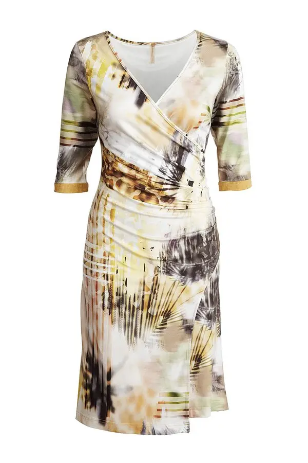 CONQUISTA Faux Crossover Print Dress - Yellow