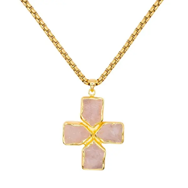 ISOLATED JEWELLERY Pink Quartz Cross - Gold