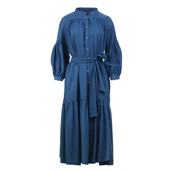 CONQUISTA Linen Style Dress With Pockets - Blue
