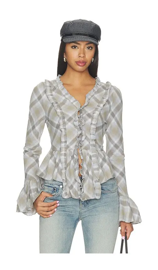 Lioness Odette Long Sleeve Top In Grey - Ash Plaid