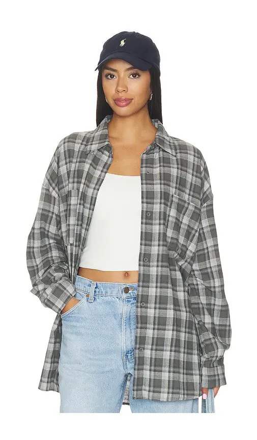 Lioness Clarity Shirt In Grey - Slate Plaid