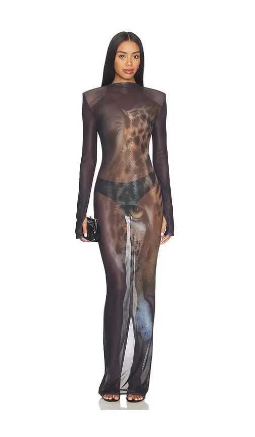 BRONX BANCO Tiger Long Sleeve Sheer Mesh Maxi Dress In Black - Black Multi
