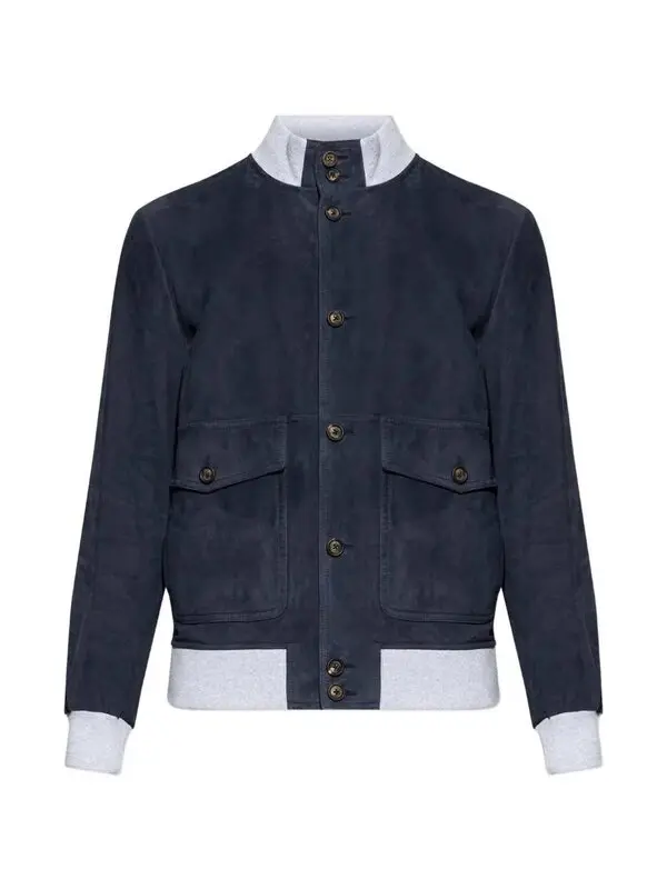 Eleventy Leather Jacket With Pocket And Buttons - Blue