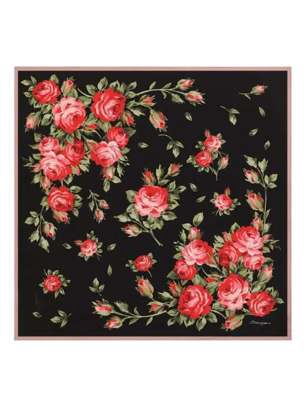 Dolce & Gabbana 90x90 Cm Silk Twill Scarf With A Rose Bouquet Print - Black