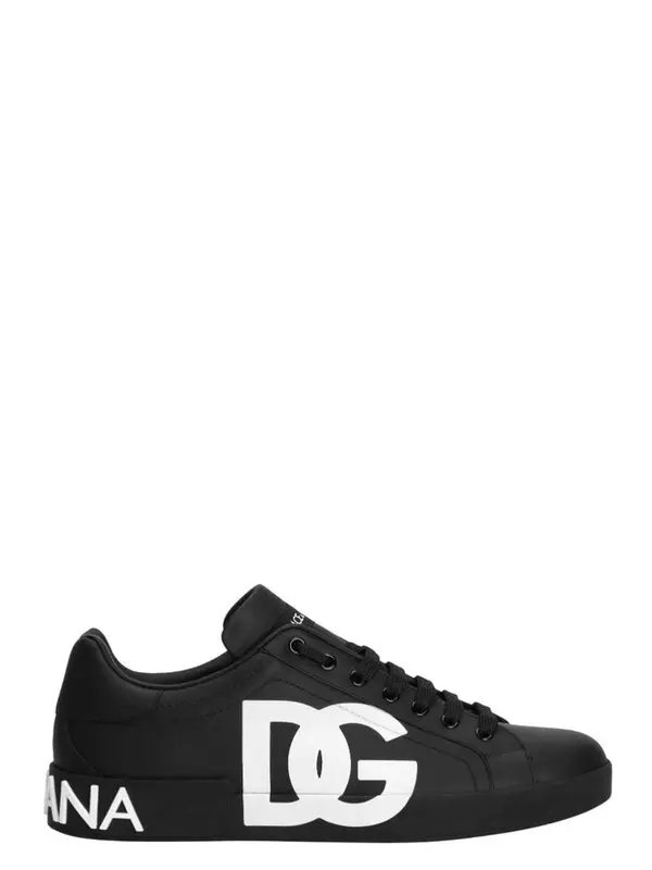 Dolce & Gabbana Portofino Sneaker In Nappa Calfskin With Printed Dg Lo - Black