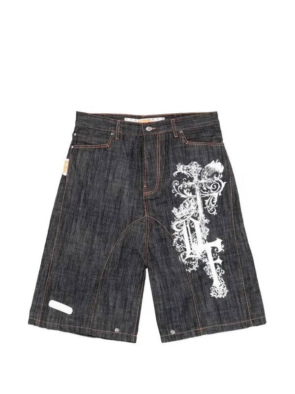 PDF Graphic Print Denim Shorts