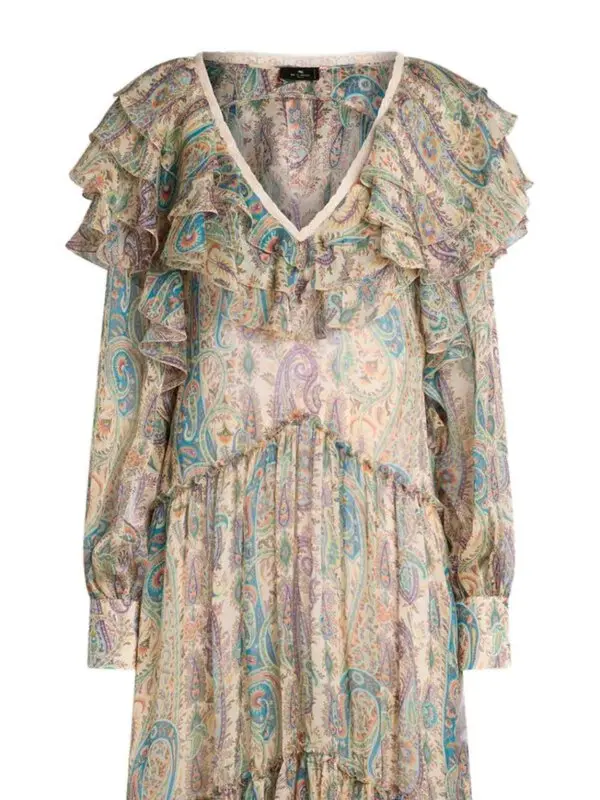 Etro Long Silk Dress With Paisley Print And Ruffled Details