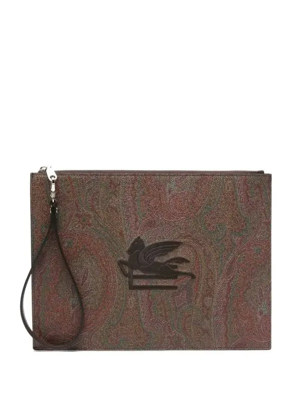 Etro Clutch Bag With Embroidered Logo And Paisley Print - Brown