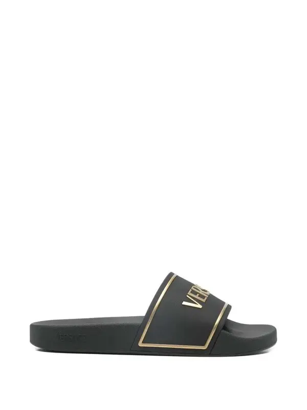 Versace Slide Sandals With Embossed Logo - Black