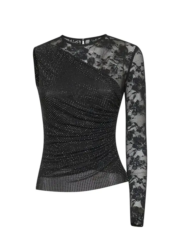SELF-PORTRAIT One Shoulder Floral Lace Top - Black