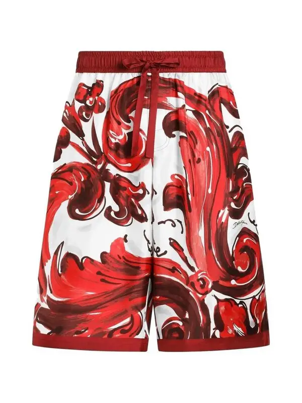 Dolce & Gabbana Vanity Bermuda Shorts In Silk Twill With A Majolica Pr - Red