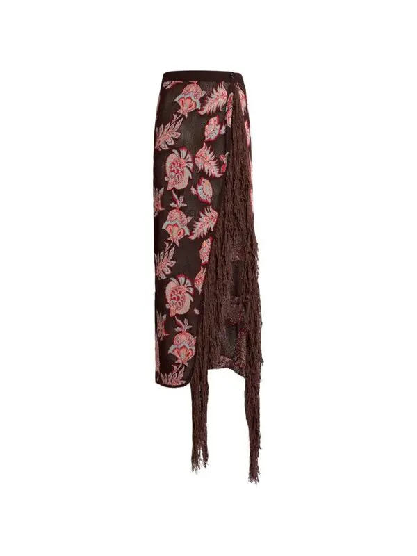 Etro Long Cotton Blend Jacquard Skirt With Fringe And Floral Pattern - Brown
