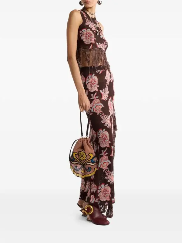 Etro Long Cotton Blend Jacquard Skirt With Fringe And Floral Pattern - Brown