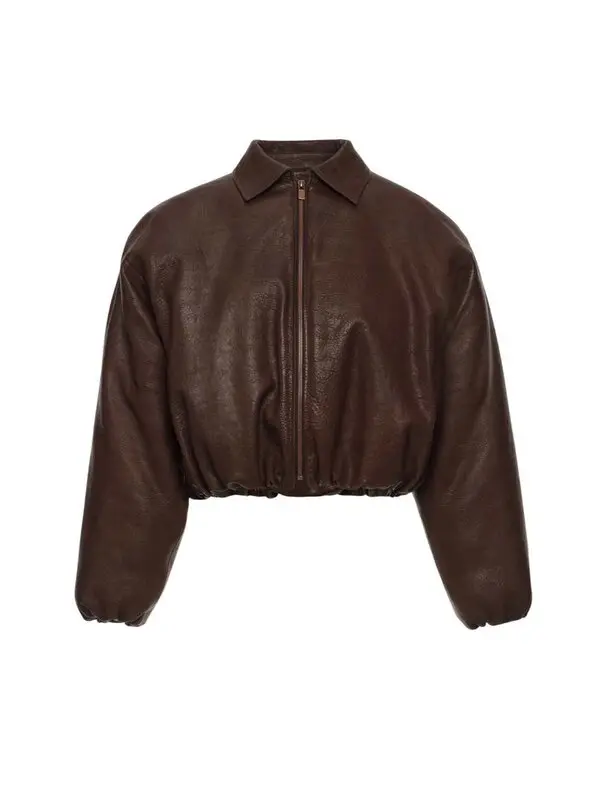 Magda Butrym Cropped Dark Leather Bomber Jacket