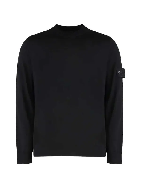 Stone Island Virgin Wool Sweater With Logo Patch - Black
