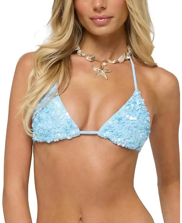 EDIKTED Grace Sequin Triangle Bikini Top - Blue
