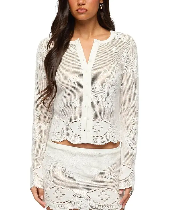 EDIKTED Rusa Button Up Sheer Crochet Top - White