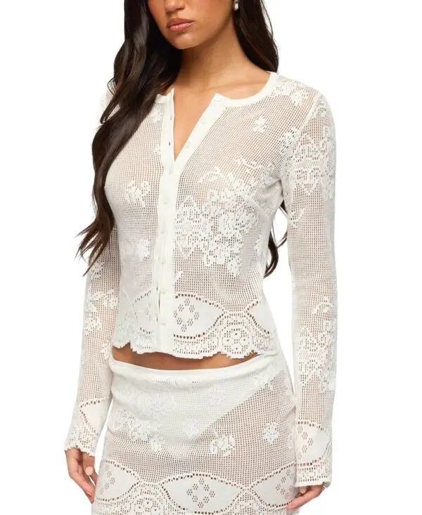 EDIKTED Rusa Button Up Sheer Crochet Top