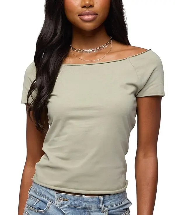 EDIKTED Kamalah Boat Neck Cotton T-shirt - Sage