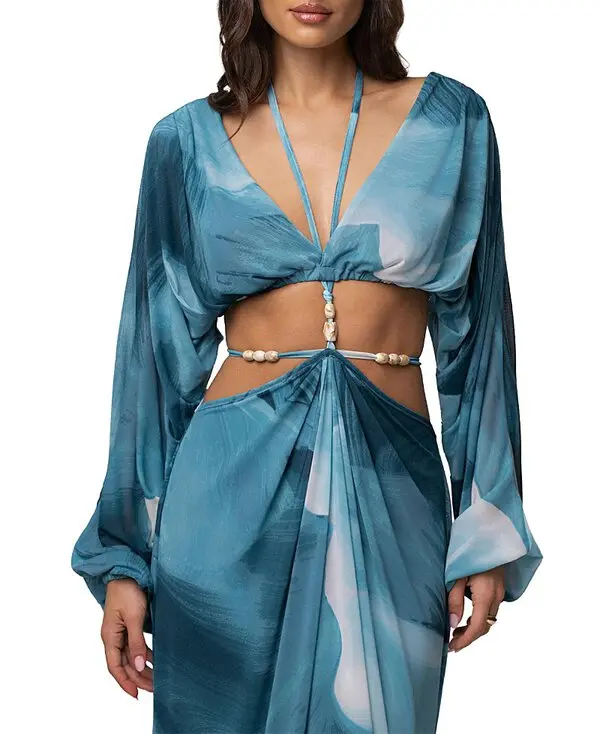 JLUXLABEL Selene Draped Printed Mesh Top - Sunset Blue